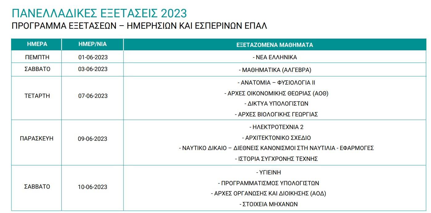 ΠΡΟΓΡΑΜΜΑ ΠΑΝΕΛΛΑΔΙΚΩΝ ΕΞΕΤΑΣΕΩΝ 2023 - 1° ΕΠΑΛ Αρκαλοχωρίου